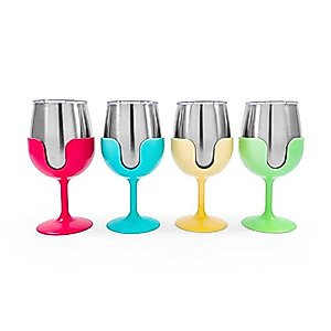 Camco Life is Better at the Campsite Wine Tumbler Set | Great for Camping, Tailgating and Parties | Feature Colorful, Removable Stems | 8 oz, 4-Pack (53068),Silver