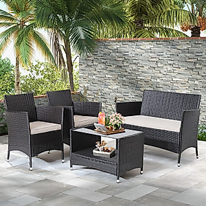 Tangkula 4 Pieces Patio Furniture Set, Patiojoy Outdoor PE Wicker Conversation Set with Soft Cushions and Tempered Glass Tabletop, Outdoor Garden Furniture Set with 2-Tier Coffee Table (Brown)