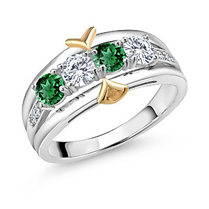 Gem Stone King 1.19 Ct Green Nano Emerald G-H Lab Grown Diamond 925 Silver and 10K Yellow Gold 4-Stone Band Ring (Size 6)