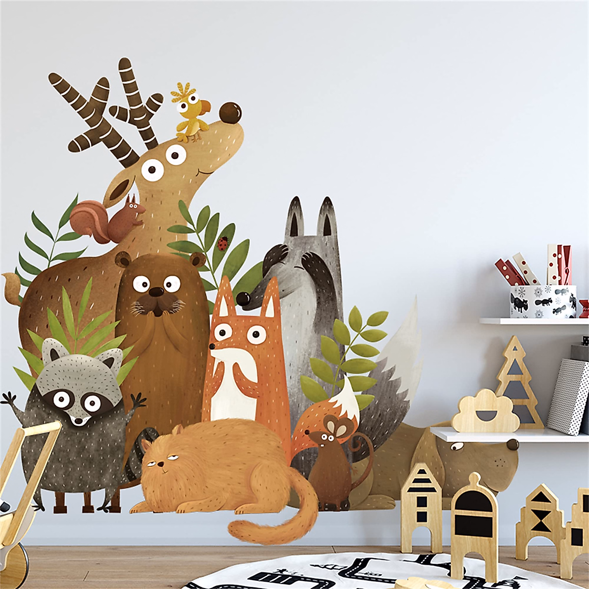 WAFT YEARN Woodland Wall Decals Super Cute Animals Cat Dog Deer Raccoon Fox Squirrel Parrot Wall Stickers for Nursery Kid’s Room School Living Room Bedroom Decoration Murals (Woodland Cute Animals)