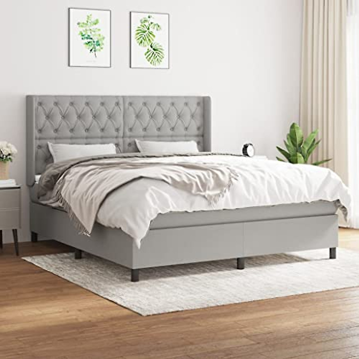 loibinfen Queen Fabric Box Spring Bed with Mattress Set,Included 1 x Bed Frame/1 x Headboard with Ears-A/1 x Mattress/1 x Mattress Topper, Light Gray with Black Legs(Style F)
