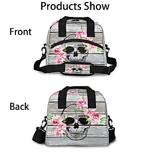 Insulated Lunch Bag for Women Men Rustic Wood Goth Skull Pink Flower Lunch Box Reusable Lunch Cooler Bag Large Lunch Tote Bag for Work Picnic Travel School