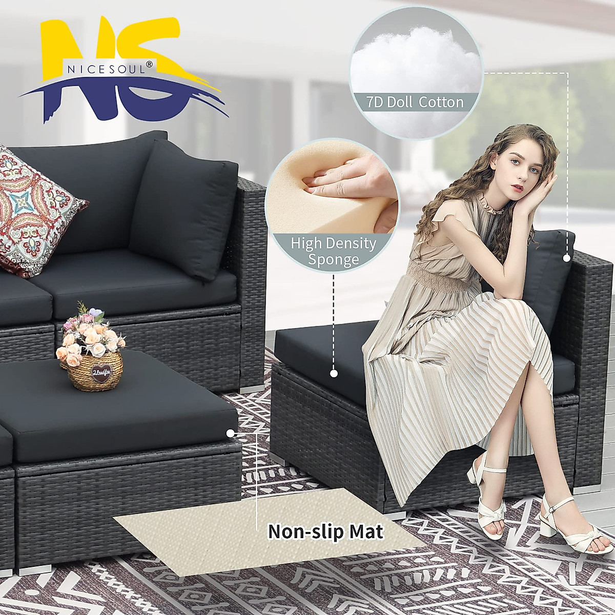 NICESOUL® Modern Luxury All-Weather PE Wicker Modular Armless Sofa, Outdoor Patio Furniture Sofa Piece Grey Rattan Sectional Conversation Set for Backyard Terrace Deck Garden Sunroom Dark Grey Cushion