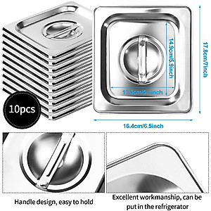 10 Pack 1/6 Size Steam Table Pan Covers Universal Handled Food Pan Lid Stainless Steel Pan Lid with Handle Restaurant Commercial Hotel Food Pan Cover 7 x 6.5 Inch for Food Fruits Vegetables