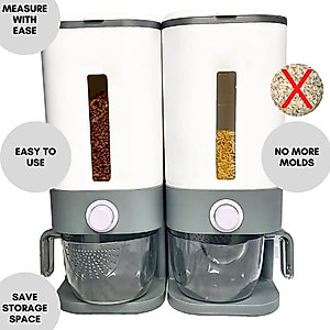 Sanujuan 20Lbs Rice Dispenser, Large Food Storage Container with Lid, Measuring Cup, 2-in-1 Spoon, Grains Cereal Container for Kitchen, Easy to install Pantry Organizer - White/Gray