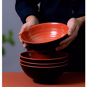 VALLENWOOD 6 Ramen Bowls, 18 pieces Pho set. Red Black Asian Japanese soup. Utensil: Spoons And Chopsticks kit. Melamine. Large 37 oz. Noodles, Rice, Udon, Thai, Chinese, Korean, Wonton, Miso