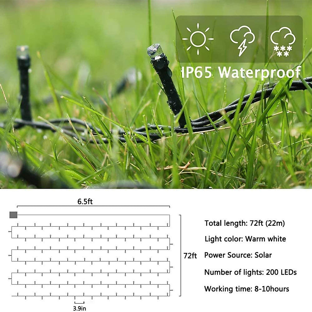 Goodia Solar String Lights, 72ft 200 LED Solar Outdoor String Lights, Waterproof Solar Fairy Lights Outdoor and Indoor Decorations for Christmas Tree, Gift, Gardens, Homes, Wedding, Party(Warm White)