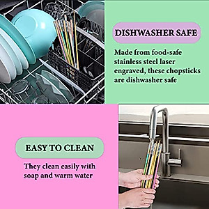 EMRSTORES Stainless Steel Chopsticks - Laser Engraved Premium Multicolor Reusable Chopsticks - 5 Pairs Dishwasher Safe Metal Chopsticks - Easy to Use - Square Lightweight Chop Sticks - Gift Set