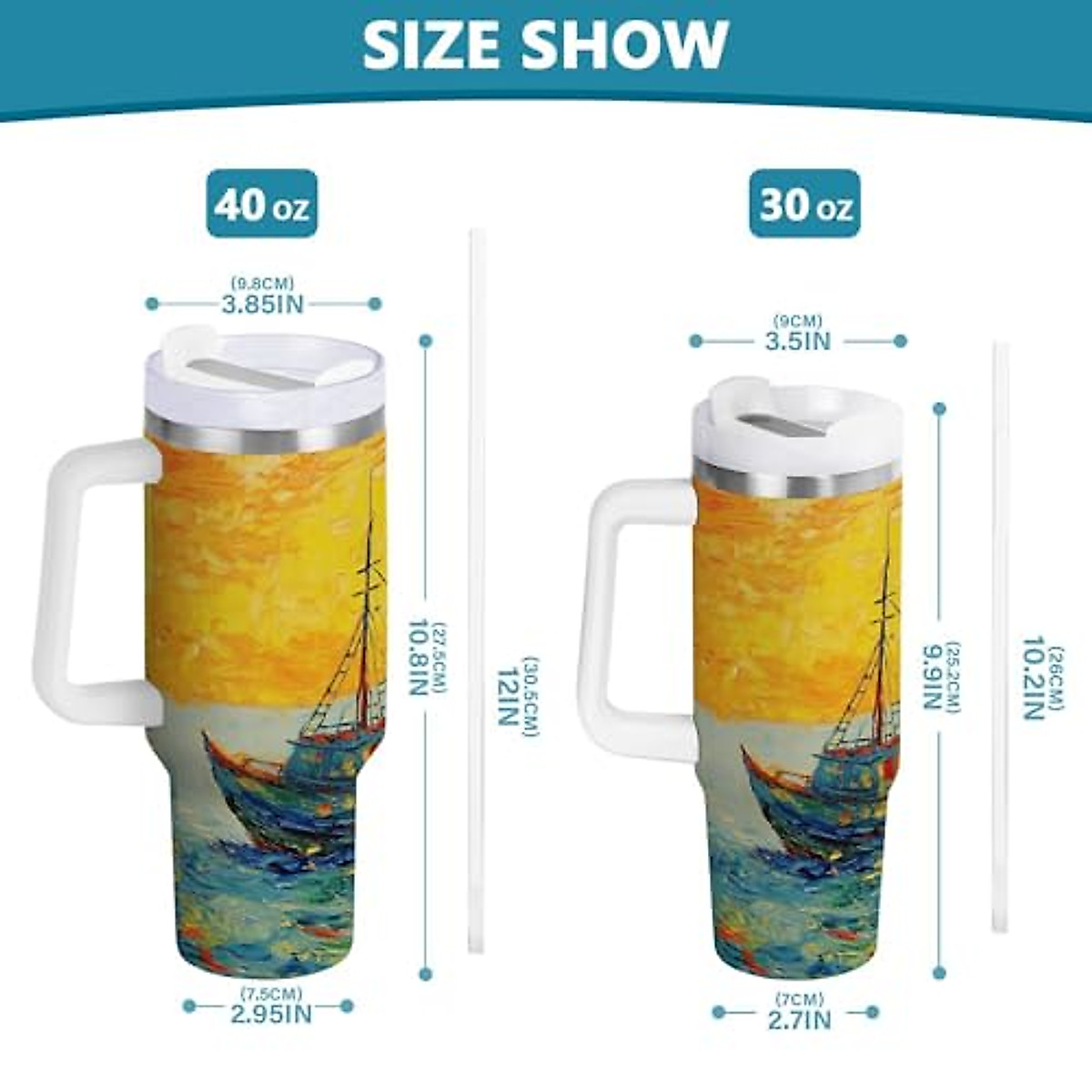 RPLIFE Boat Sunset Oil Painting Style 40oz Tumbler with Handle, Stainless Steel Tumbler with Straw, Tumbler for Men