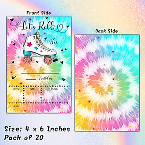 Skating Birthday Invitations with Envelopes - Roller Skate Party Invitation Card for Kids - Tye Dye Fill-in Invites Cards - Let's Roll Party Celebration(20 Pack) -08