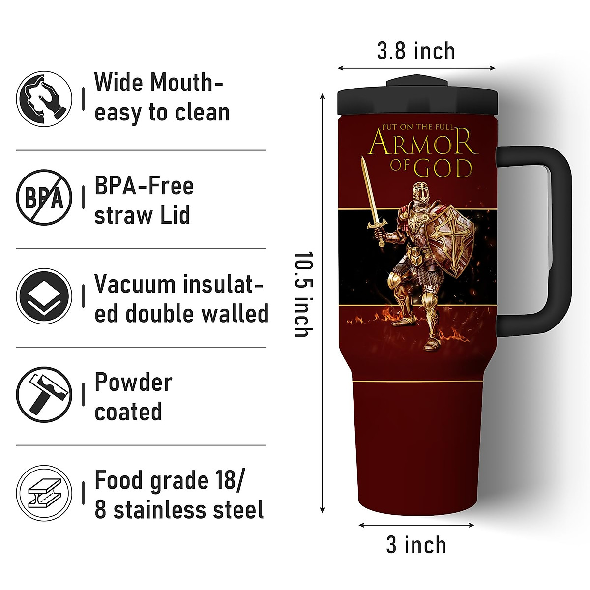 Equoza Put On The Full Armor Of God Christian Gifts for Men, Jesus Gifts Christian Coffee Mug 40 OZ Stainless Steel Tumbler,Double Wall Vacuun Insulated Cup with Lid and Straw(Pack of 1)