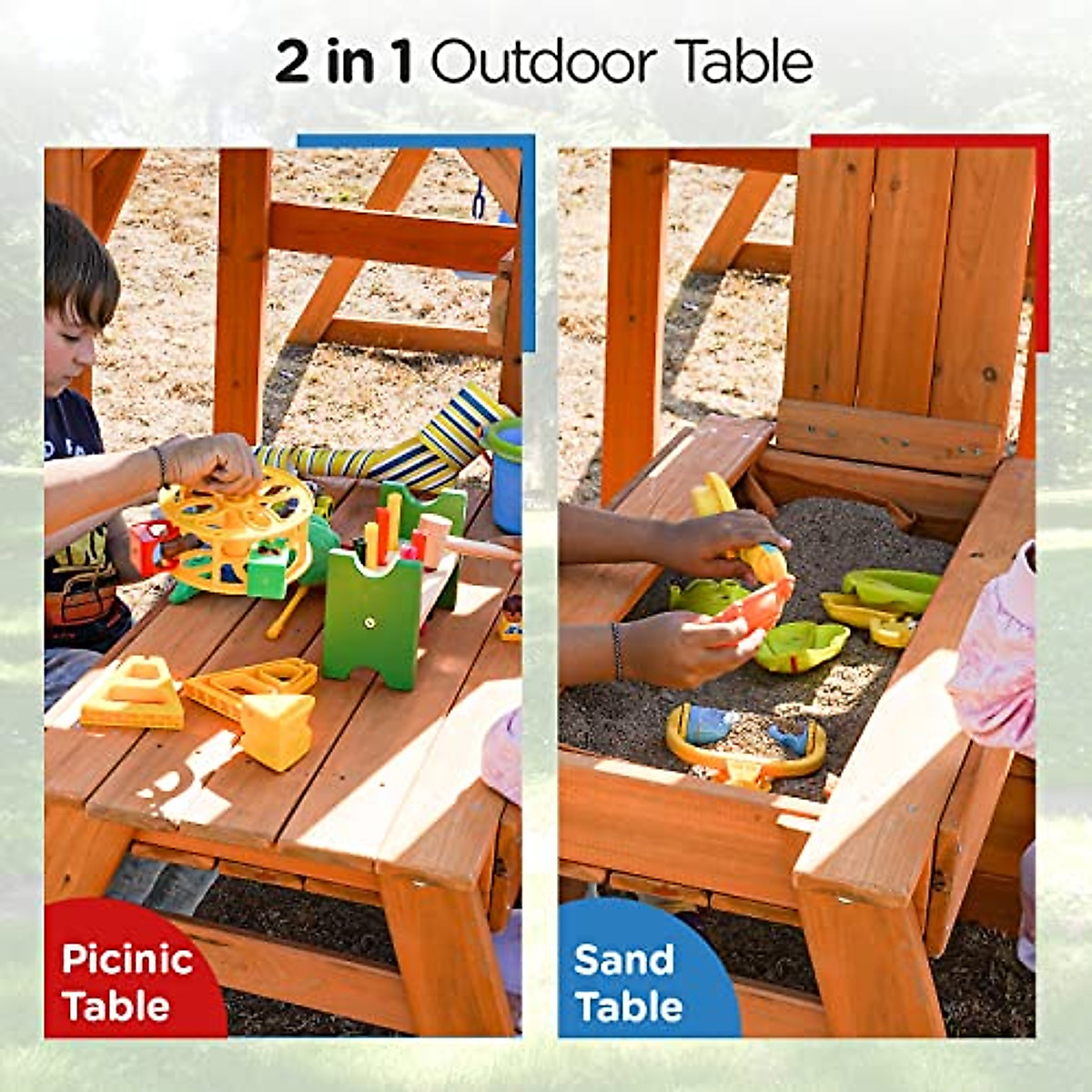 Dolphin Playground Cedar Wooden Swing Sets for Backyard, Outdoor Playset for Kids with Monkey Bar, 2 in 1 Outdoor Table, Wave Slide, Climbing Wall, and 2 Belt Swings, Playground Sets for Backyards