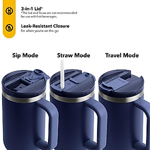 RTIC 40 oz Road Trip Tumbler Double-Walled Insulated Stainless Steel Portable Travel Coffee Mug Cup with Lid, Handle and Straw, Navy