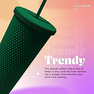 Matte Studded Tumbler with Lid & Straw, Reusable BPA Free Plastic Water Bottle, Travel Friendly Water/Iced Coffee/Cold Brew/Smoothie Textured Cold Cup, 24oz (Forest Green)