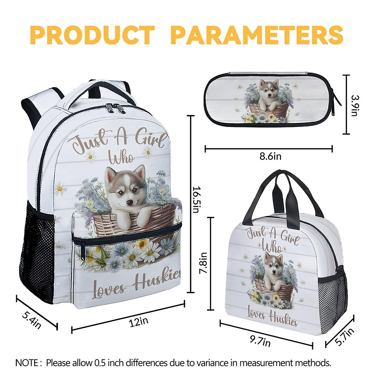 Husky Backpack with Lunch Box, Set of 3 School Backpacks Matching Combo, Cute White Dog Bookbag and Pencil Case Bundle