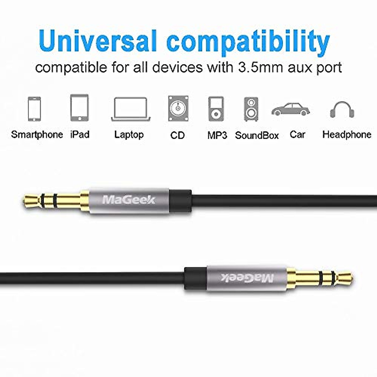 MaGeek 3.5mm Audio Aux Cord, Male to Male Auxiliary Audio Cable Compatible with Beats Headphones, iPhone, iPod, iPad, Car Audio, or Any Audio Device with 3.5mm Aux Port (Black) (1-Pack_10ft)