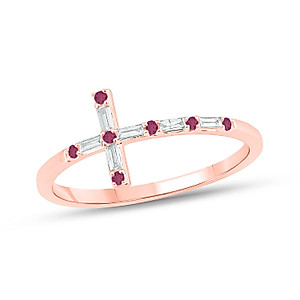 1/20cttw White Baguette Diamond and Gemstone Sideways Cross Ring for Women in 14k Gold, Women's Horizontal Cross with Choice of Natural Gemstone or Round Diamond in 14k Yellow, Rose or White Gold