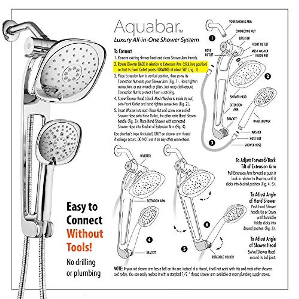 AQUABAR High Pressure Square 3-way Luxury Spa Combo System with Adjustable 18" Extension Arm for Easy Reach & Mobility - Use 7.5" Rain & Handheld Shower Head Separately or Together/All-Chrome Finish