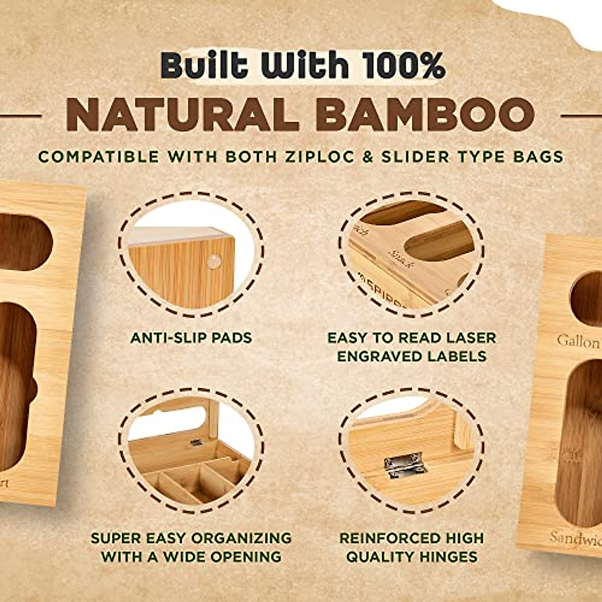 Spirack Ziplock bag organizer-Kitchen Drawer Organizer, Pantry Organization and Storage-Compatible with Gallon, Quart, Sandwich, and Snack Food Bags, Bamboo Baggie Organizer, with Hinged Lid (4 Slot)