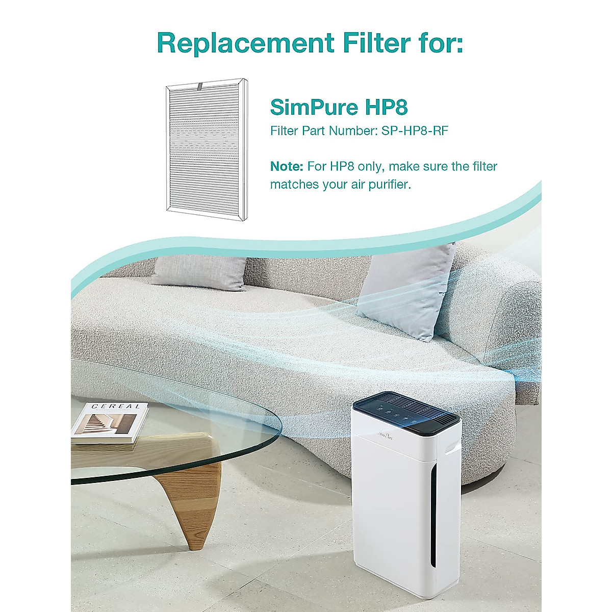 SimPure HP8 Original HEPA Replacement Filter Compatible with SimPure HP8 Air Purifier, SP-HP8-RF (NOT for Other SimPure Air Purifiers)