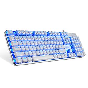 EagleTec KG051-BR BLUE LED Backlit Mechanical Gaming Keyboard Low Profile Mechanical Gamers Keyboard 104 Key Mechanical Computer USB Gaming Keyboard for PC (WHITE VERSION)