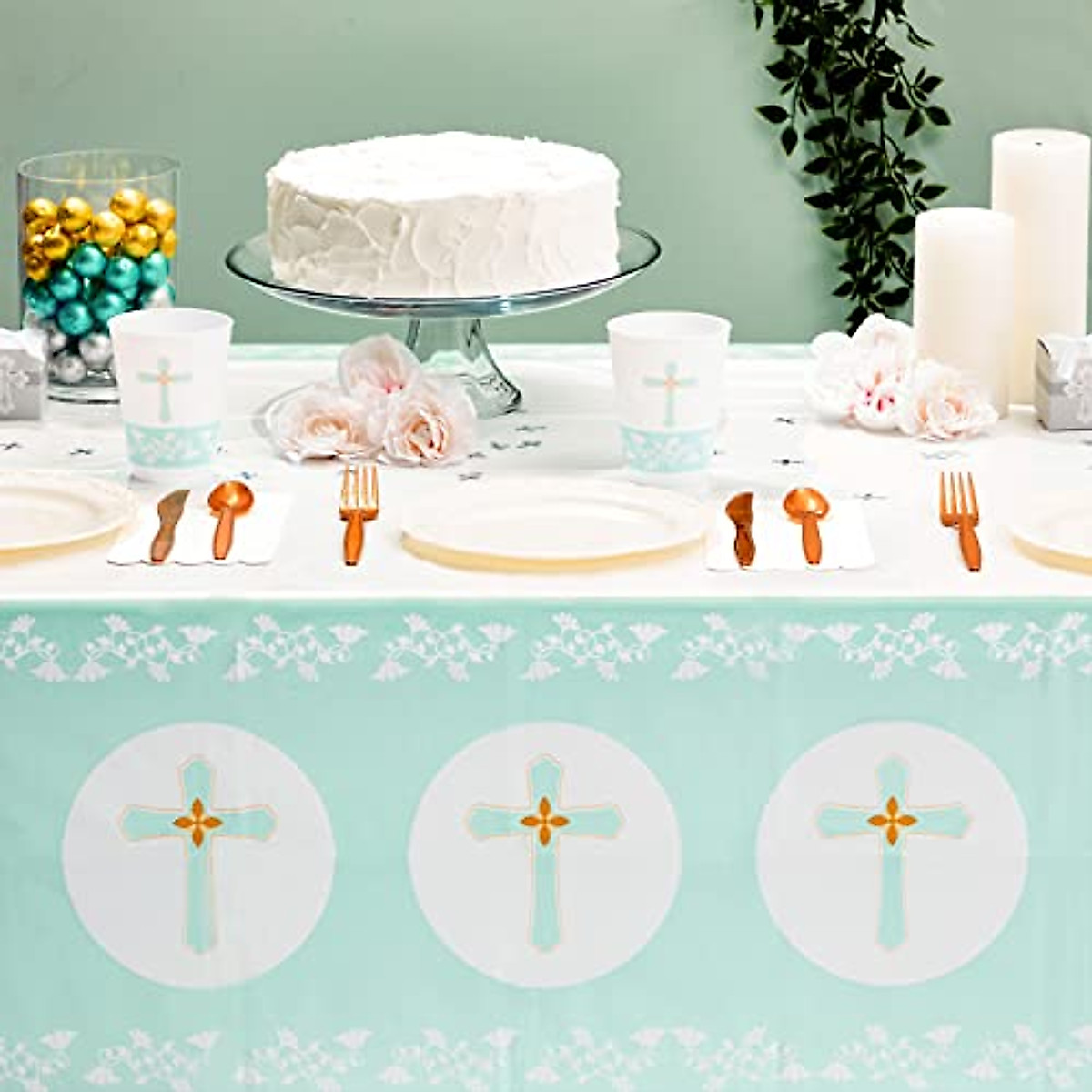 BLUE PANDA 3 Pack Disposable Plastic Table Covers, Boy Baptism Decorations, Easter Tablecloth (54 x 108 in)