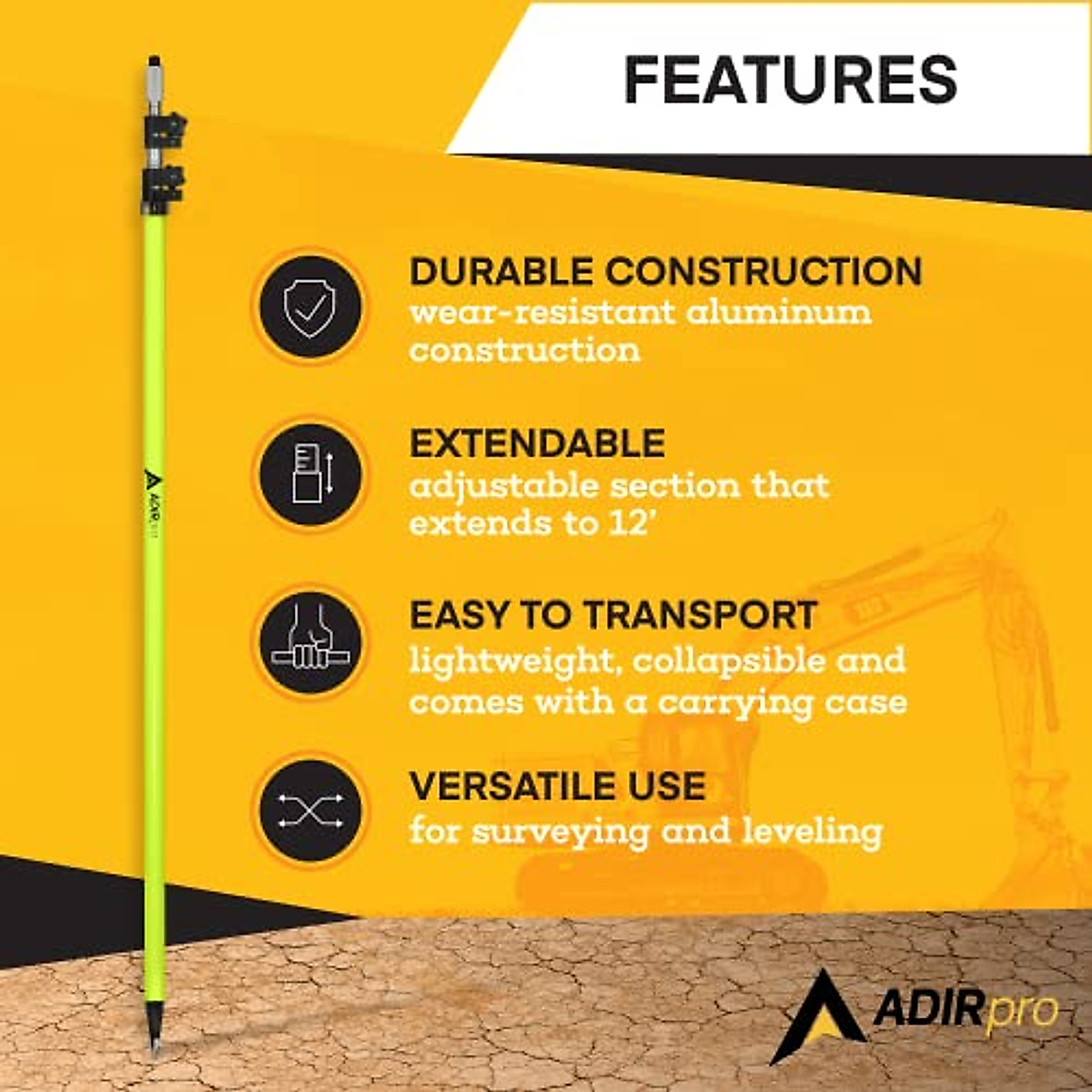 AdirPro 12' Aluminum Prism Pole w/Screw Collar Lock Fluorescent Green - Heavy Duty Surveying Tool - Heavy Duty Rust Resistant
