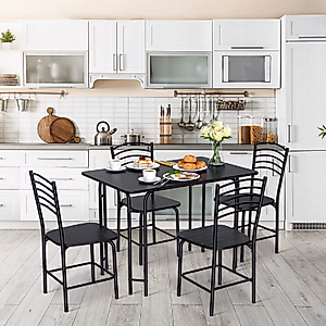 Giantex 5 PCS Dining Table Set 4 Person, Modern Kitchen Table and 4 Chairs, Wooden Top and Metal Legs, Home Dining Room Breakfast Furniture Rectangular Table, Black