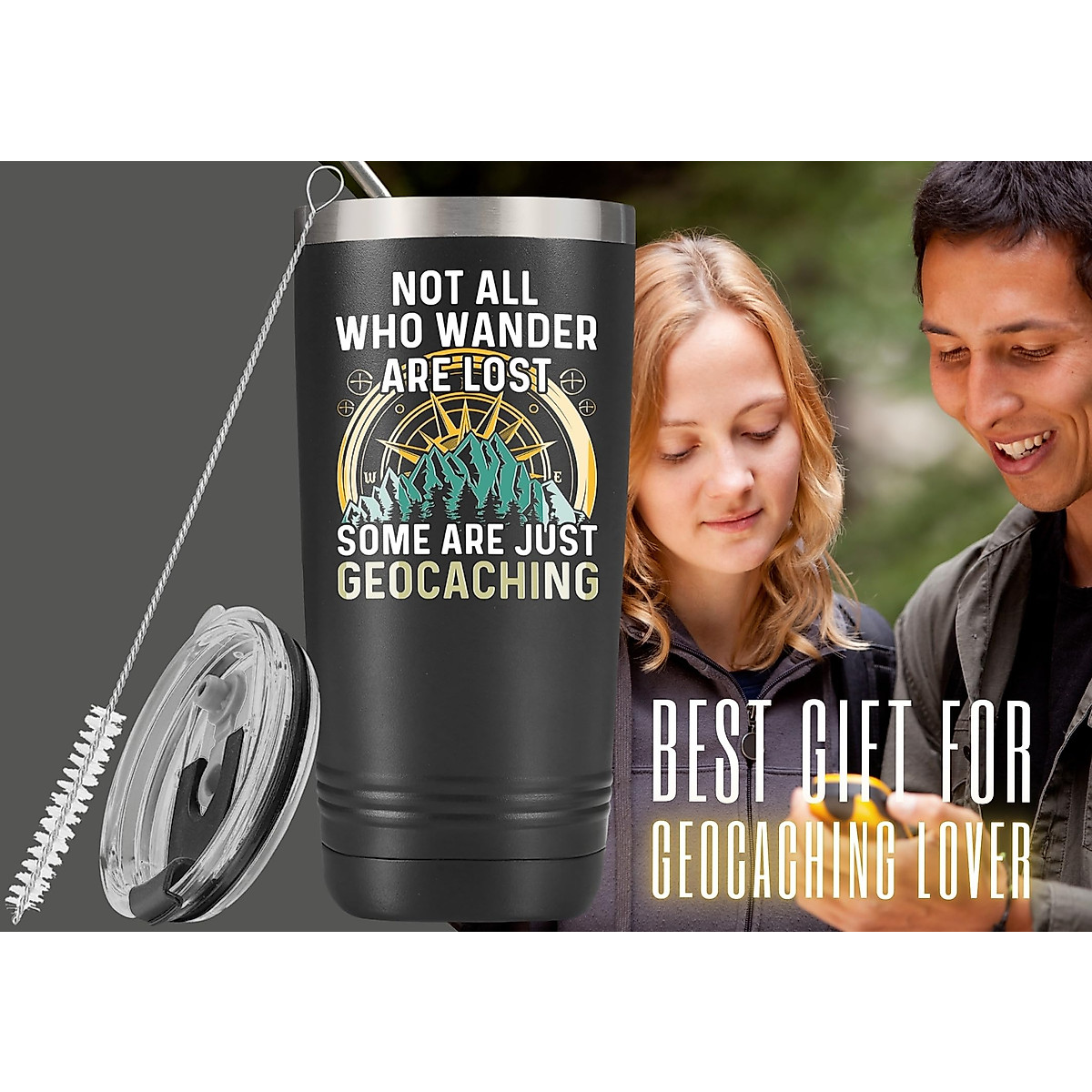 Onebttl Geocache Gifts For Women, Men, Gifts for Geocaching Lover, 20 oz/590 ml Stainless Steel Insulated Tumbler with Straw, Lid, Not All Who Wander are Lost, Some are Just Geocaching