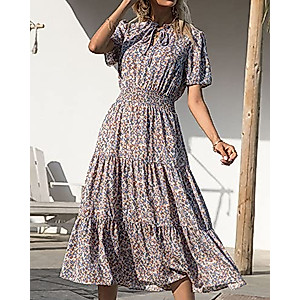 BTFBM Women's 2023 Summer Casual Boho Dress Floral Print Tie V Neck Short Sleeve Elastic Waist A-Line Midi Beach Dresses(Floral Blue, Large)