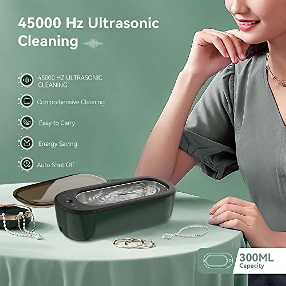 Aparatoo Jewelry Cleaner, 45kHz Ultrasonic Cleaning Machine with 4 Time Modes, Portable Professional Household Cleaner for All Eyeglasses Watches Shaver, BLACK GREEN