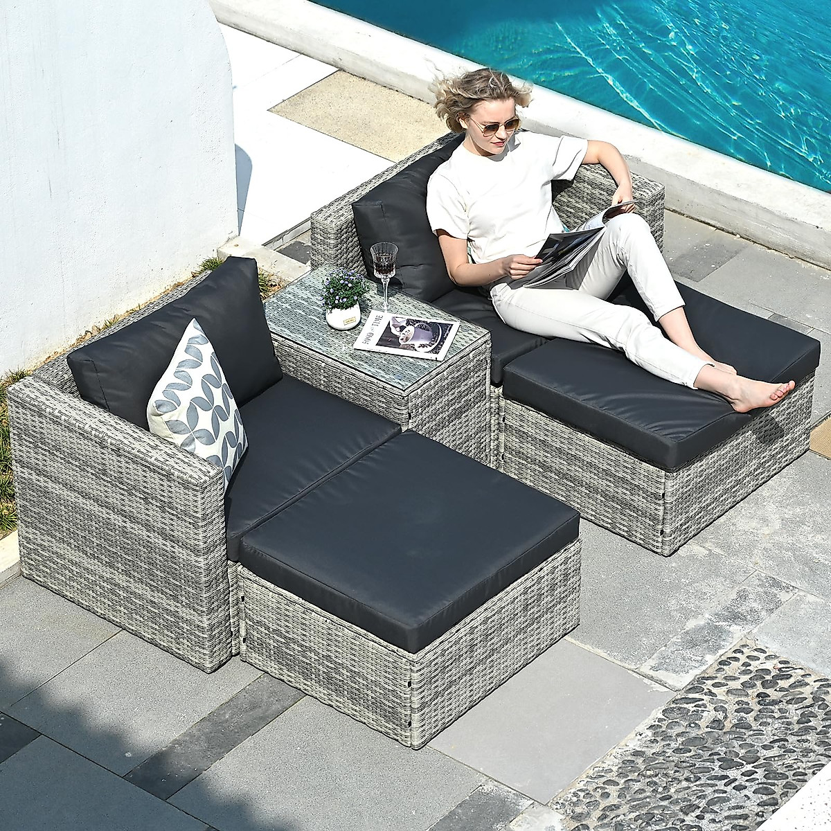 CHINNLUU Patio Furniture Set 5 Pieces Outdoor Conversation Set All-Weather Wicker Rattan Sectional Sofa with Ottoman Cushions Pillows for Lawn Pool Garden Backyard