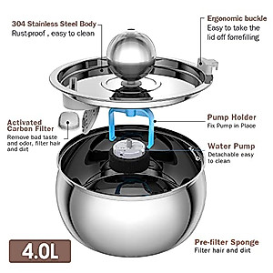 Tomxcute Cat Water Fountain, 4.0L/135oz Automatic Stainless Steel Pet Water Dispenser Metal Dog Drinking Pet Fountains, Ultra-Quiet Pump and 3 Replacement Filters & for Cats, Dogs, Multiple Pets…