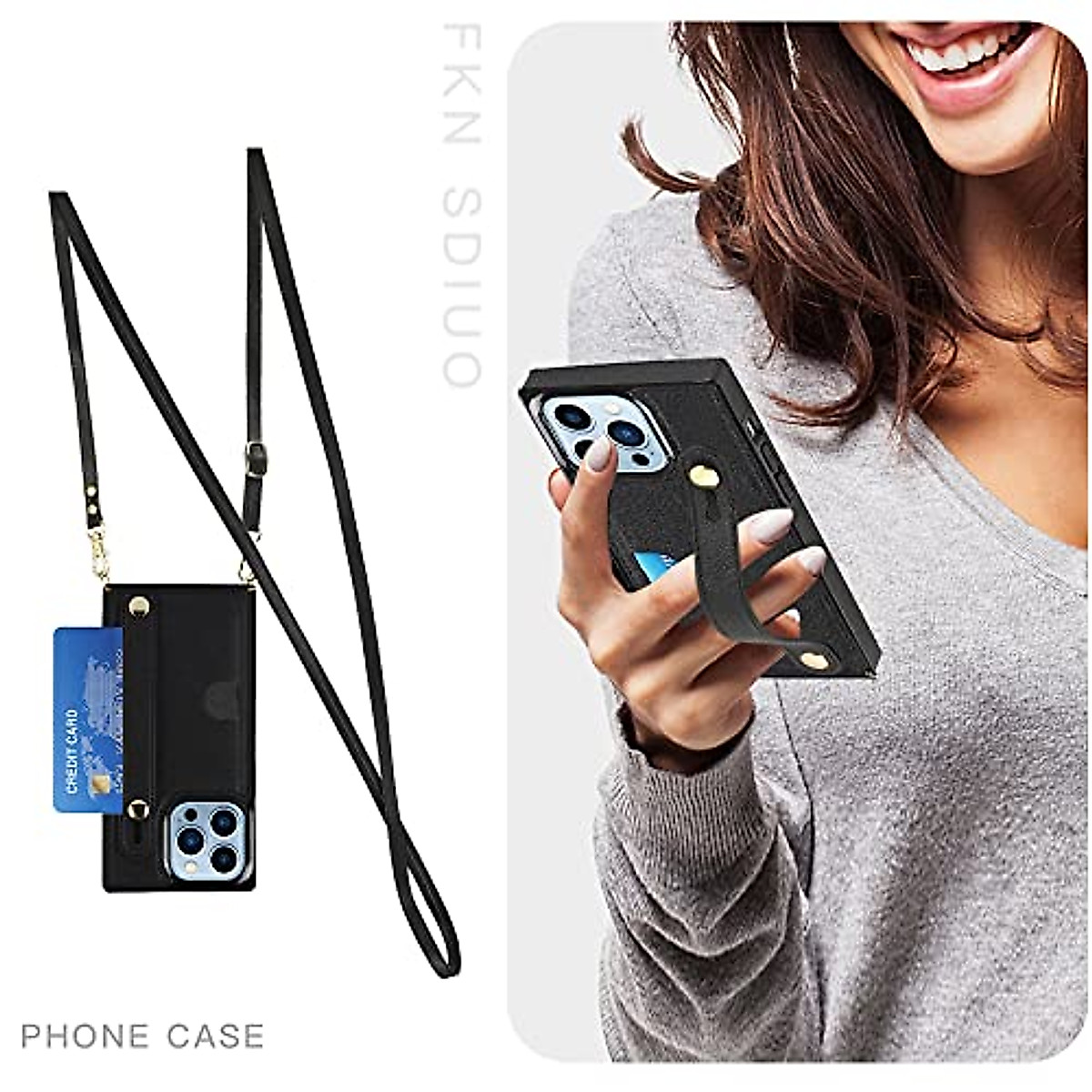 CCSmall for iPhone 13 Mini Wallet Case for Women,Removable Adjustable Strap Crossbody Card Holders Cover Neck Strap Lanyard Purse Shoulder Strap Kickstand Purse Case for iPhone 13 Mini KB Black