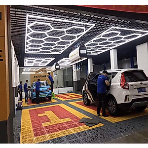 Car Detailing Hexagon Led Garage Light, 15 Hexagonal Honeycomb Grid Systems Led Shop Lights for Garage/Workshop W/White Border, IP54 AC 110V(15.88 fts x 7.98 fts)