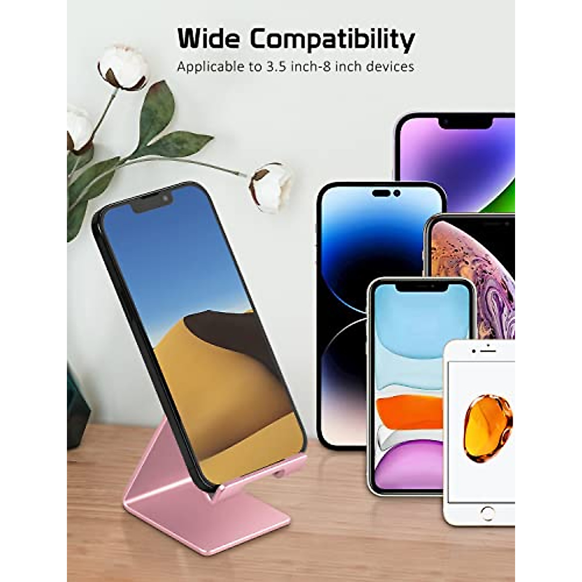 Tobeoneer Cell Phone Stand Holder Aluminum Desktop Solid Universal Desk Stand for iPhone 13 12 11 X 8 7 6 Plus 5 Ipad Mini Tablet Samsung Huawei All Mobile Smart Phone Office Decor (Rose Gold)