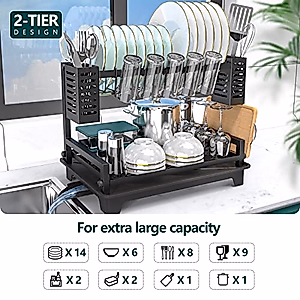 B-Land Dish Drying Rack, 2 Tier Dish Racks for Kitchen Counter, Large Dish Drying Rack with Drainboard & Utensil Holders, Rust-Proof Dish Drainers,Kitchen Organization