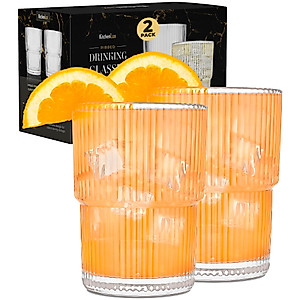 Kitchen Lux Ribbed Drinking Glasses - Ribbed Glass Cups 15 oz - Ribbed Glassware Set of 2 - Textured Vintage Retro Ripple Aesthetic Glass Ware for Whiskey Cocktail Beer Water, Coffee Bar Accessories