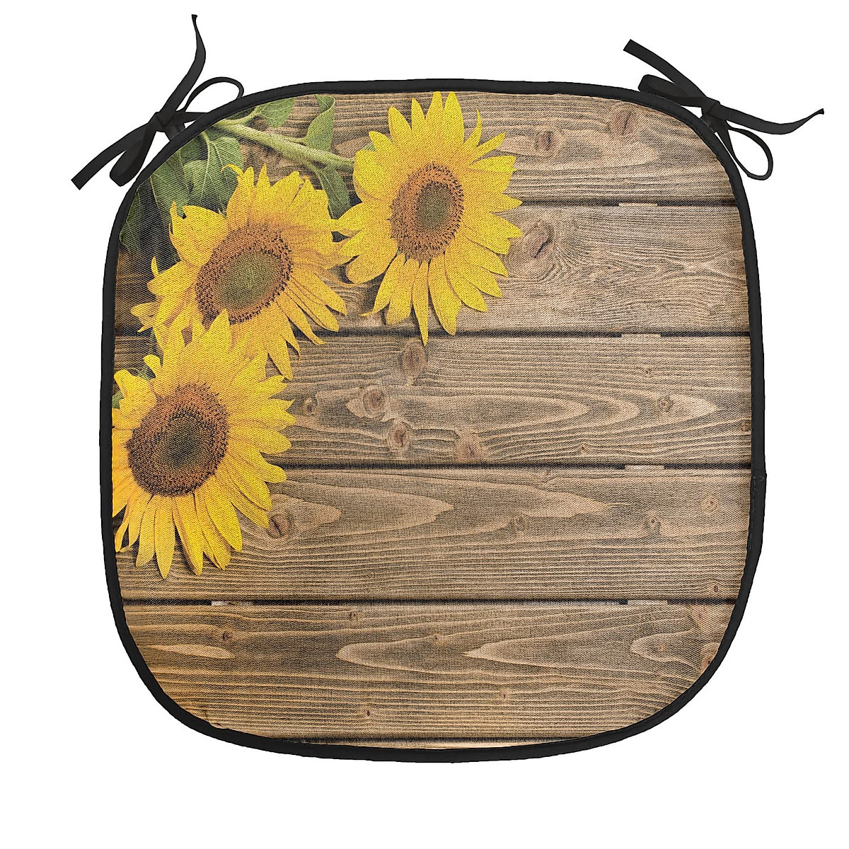 Lunarable Sunflower Chair Cushion Pads Set of 4, 3 Sunflowers on Wooden Background at Top Left Corner Picture Print, Anti-Slip Seat Padding for Kitchen & Patio, 16"x16", Umber Earth Yellow