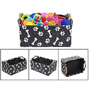 Geyecete dog toy box bin storage basket bins - with Wooden Handle, Printing felt Pet supplies storage Toy Chest Storage Trunk-Gray