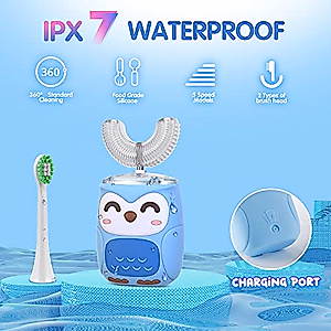 Flying Ideas Kids Electric Toothbrush, U Shaped Toothbrush, Ultrasonic Automatic Toothbrush Kids with 6 Modes, Full/Whole Mouth Baby Toothbrush, IPX7 Waterproof(Light Blue)