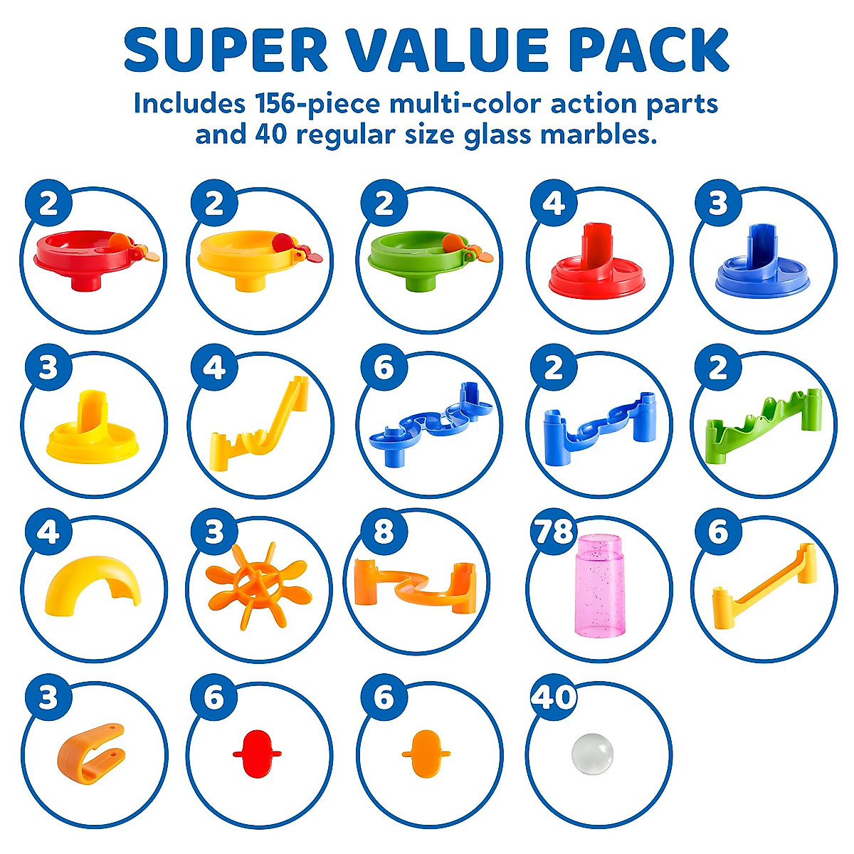 JOYIN Marble Run Premium Set（196 Pcs- Construction Building Blocks Toys, STEM Educational Toy, Building Block Toy(156 Translucent Plastic Pieces+ 40 Glass Marbles)