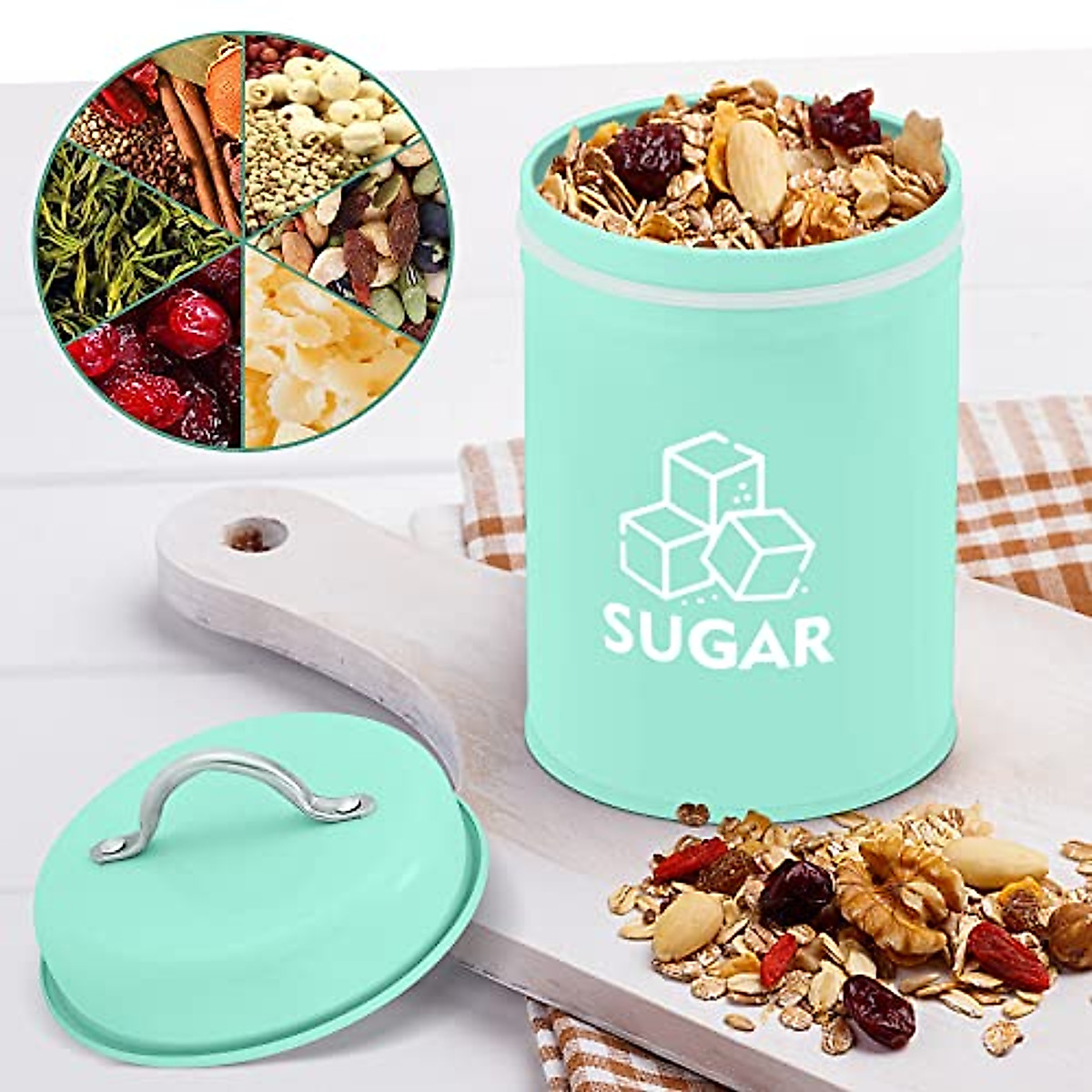 E-far Canister Sets for Kitchen Counter, 3-Piece Metal Tea Coffee Sugar Canister with Airtight Lid for Food Storage, Farmhouse Style & Small Size (6.1” x 4”)-Turquoise