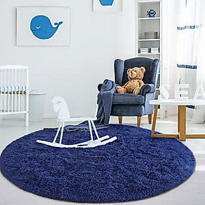Gifeas Navy Blue Round Rug for Girls Bedroom, Fluffy Circle Rug 4'X4' for Kids Room Decor, Shaggy Circular Rug for Baby Nursery Dorm, Upgrade Fuzzy Plush Rug for Living room, Cute Room Decor for Teens