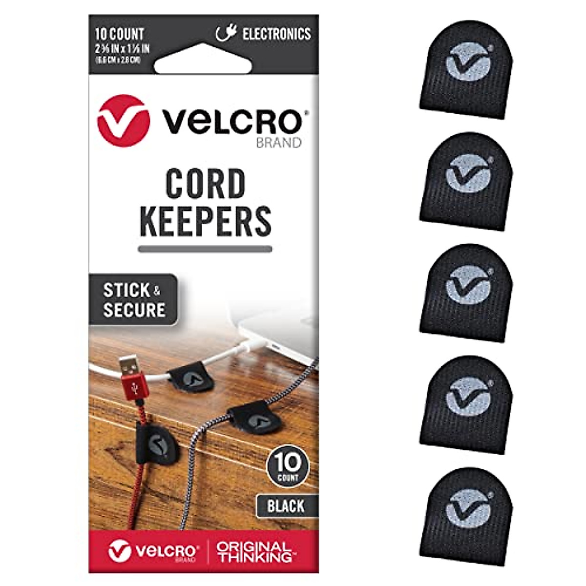 VELCRO Brand Cord Keepers | Soft Nylon Cable Clips Organize Wires in Home, Office, Desk or Nightstand | Removable Adhesive Back Holds Secure, Removes Clean | 10pk, Black