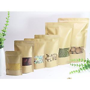 PQZKLDP 100pcs Assorted-Size Kraft Paper Bags with Matte Windows Reusable Smell Stand Up Pouches Bakery BagsFood Candy Coffee Tea Spice Sample Storage Sealable Bags for Small Business Packaging