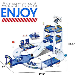 Diecast Police City Station Parking Garage - Police Car Toys for Boys with Track, Garage, 3 Police Car Toy Vehicles, 1 Helicopter