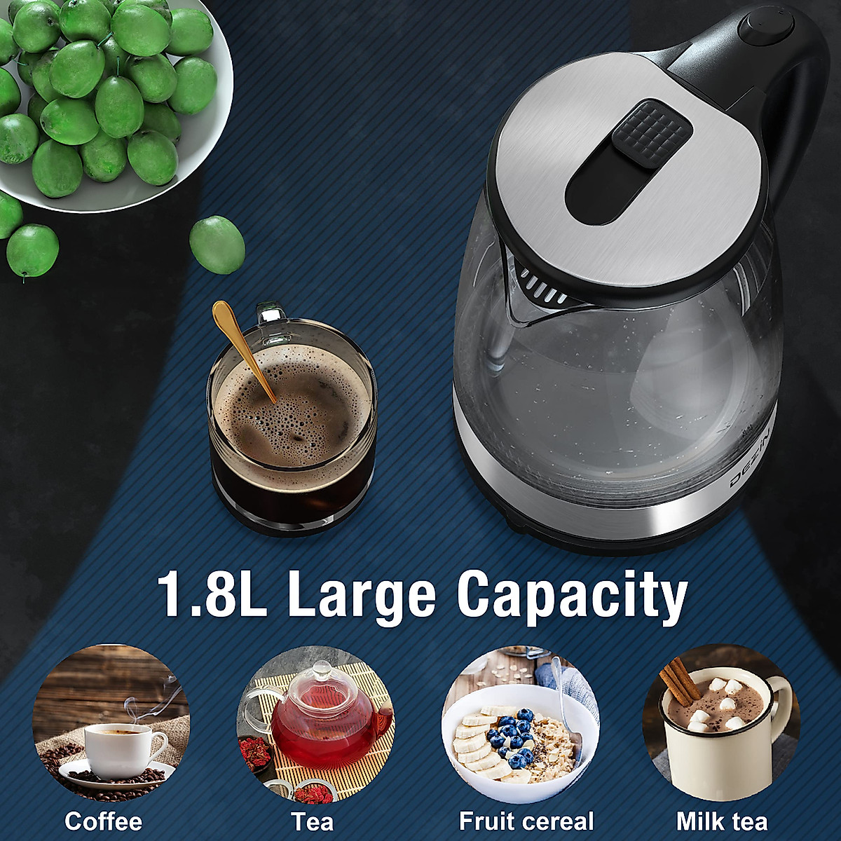 Dezin Electric Kettle, BPA Free Glass Electric Tea Kettle, 304 Stainless Steel Hot Water Kettle Warmer 1.8L with Fast Boil, Auto Shut-Off Boil Dry Protection Tech for Coffee, Tea