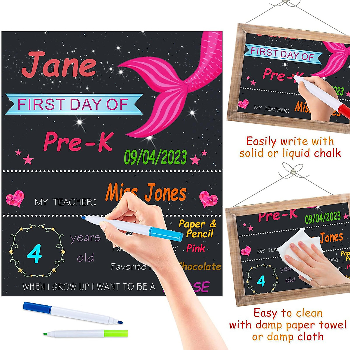 Reusable First Day of Preschool Sign, First Day of School Board, Back to School Board, 10 x 12 Inch Double-Sided 1st Day & Last School Sign for Kindergarten