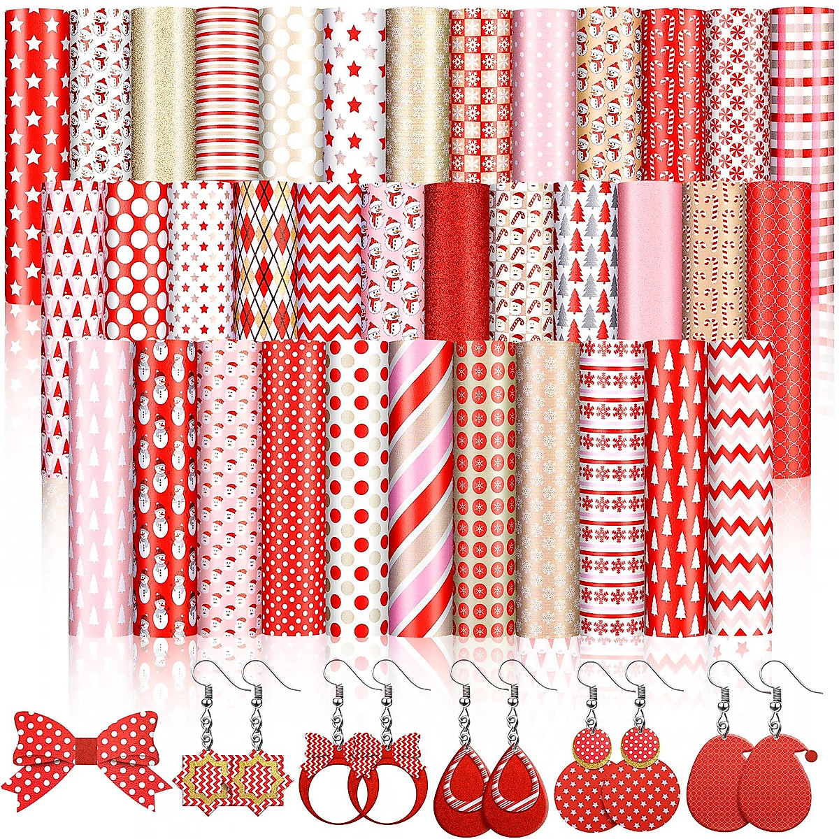 36 Pieces Christmas Faux Leather Sheets Glitter Faux Leather Fabric Snowflake Snowman Printed Christmas Fabric Synthetic Leather Sheet for DIY Christmas Craft Making, 8.3 x 6.3 Inch (Cute)